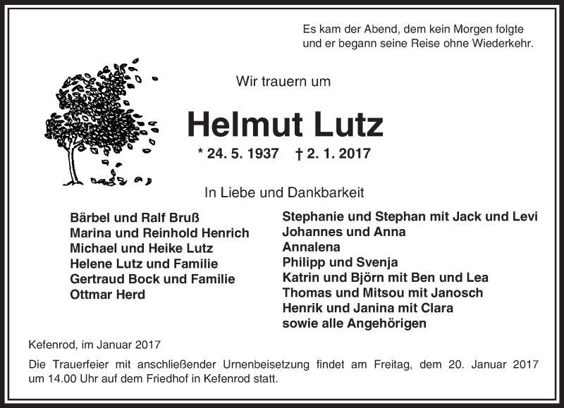 Traueranzeigen von Helmut Lutz | www.vrm-trauer.de