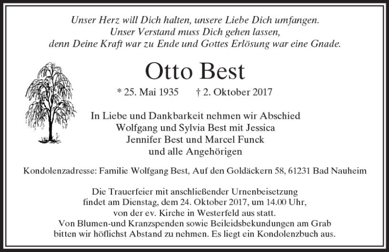 Traueranzeigen von Otto Best | www.vrm-trauer.de