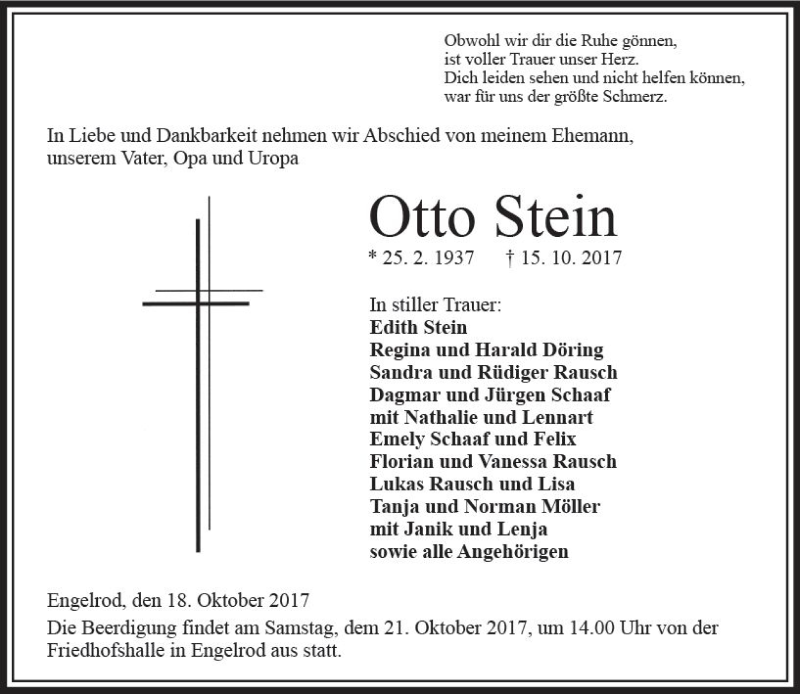 Traueranzeigen von Otto Stein | www.vrm-trauer.de