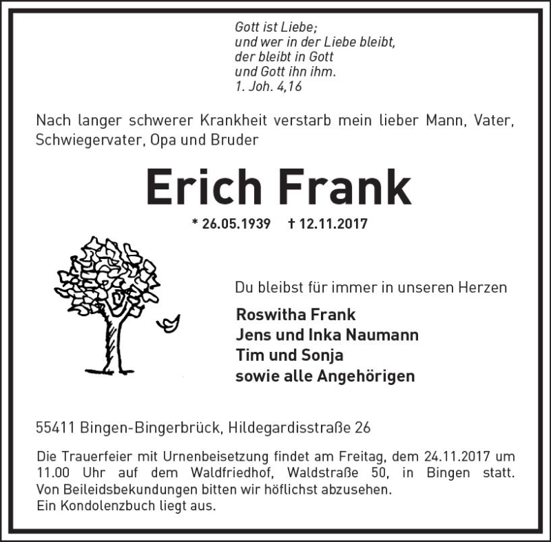 Traueranzeigen von Erich Frank | www.vrm-trauer.de
