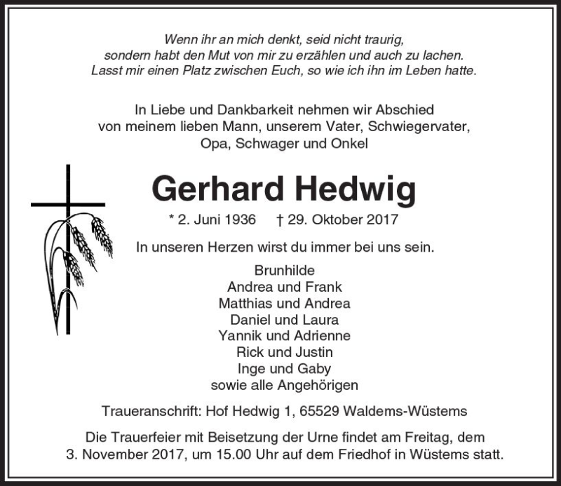Traueranzeigen von Gerhard Hedwig | www.vrm-trauer.de