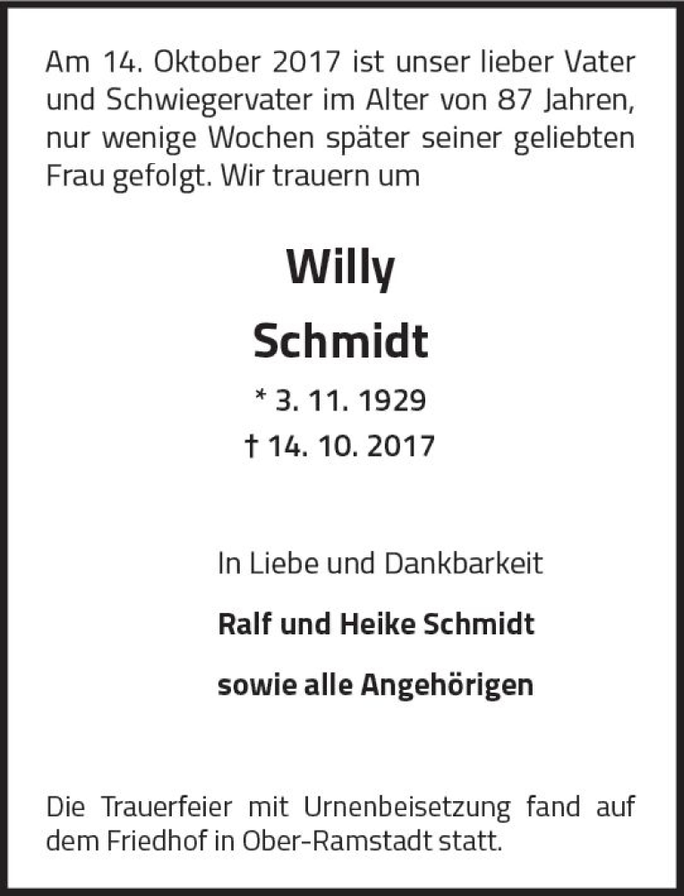 Traueranzeigen von Willy Schmidt | www.vrm-trauer.de
