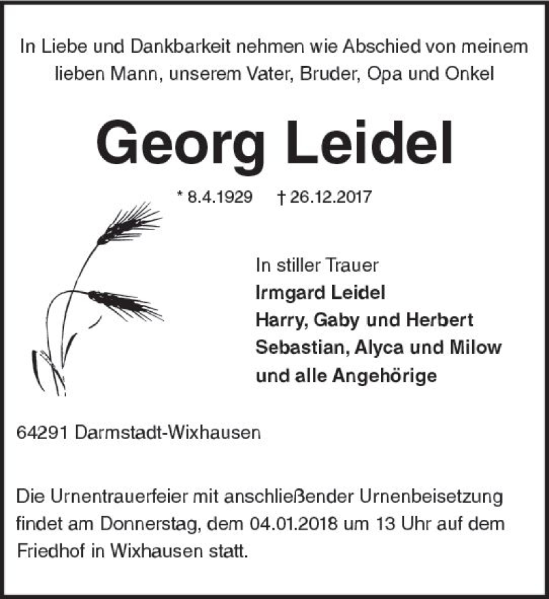 Traueranzeigen von Georg Leidel | www.vrm-trauer.de