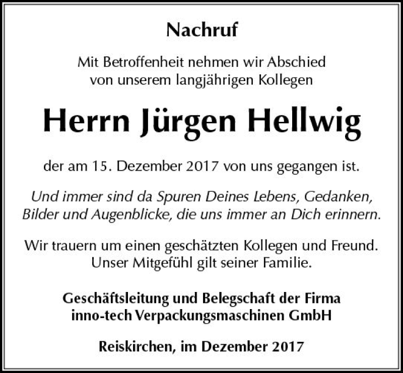 Traueranzeigen von Jürgen Hellwig | www.vrm-trauer.de