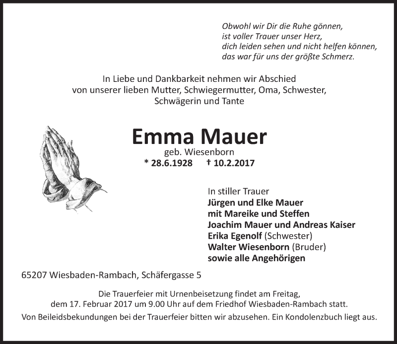 Traueranzeigen von Emma Mauer | www.vrm-trauer.de