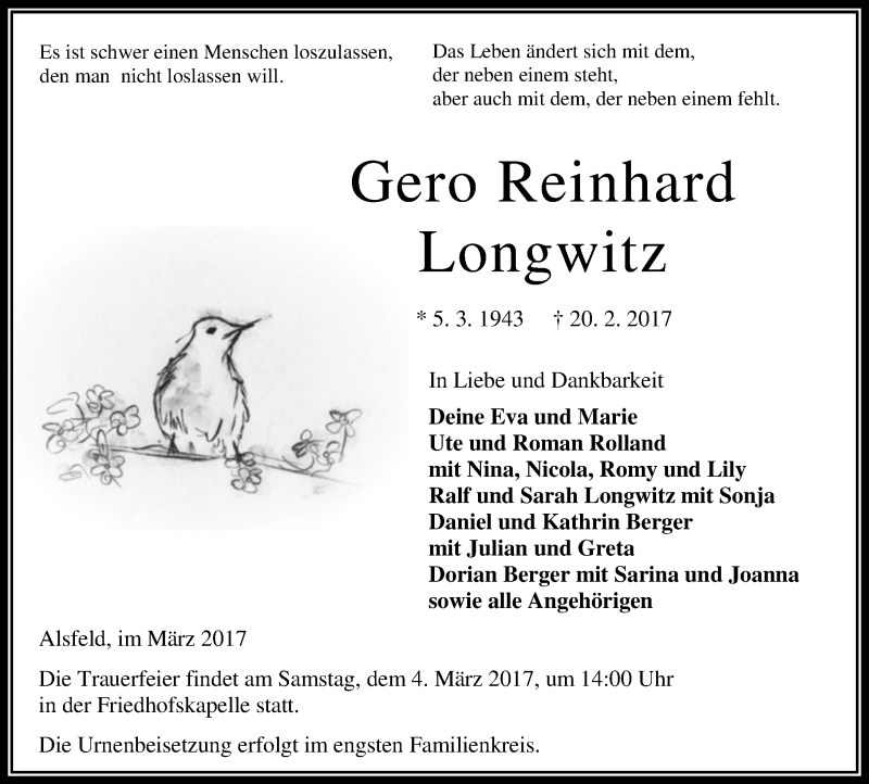 Traueranzeigen von Gero Reinhard Longwitz | www.vrm-trauer.de