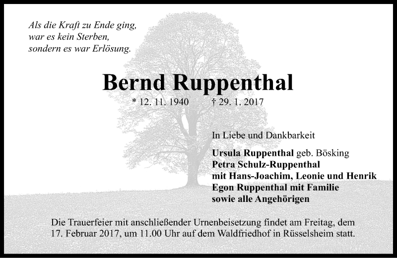 Traueranzeigen von Bernd Ruppenthal | www.vrm-trauer.de
