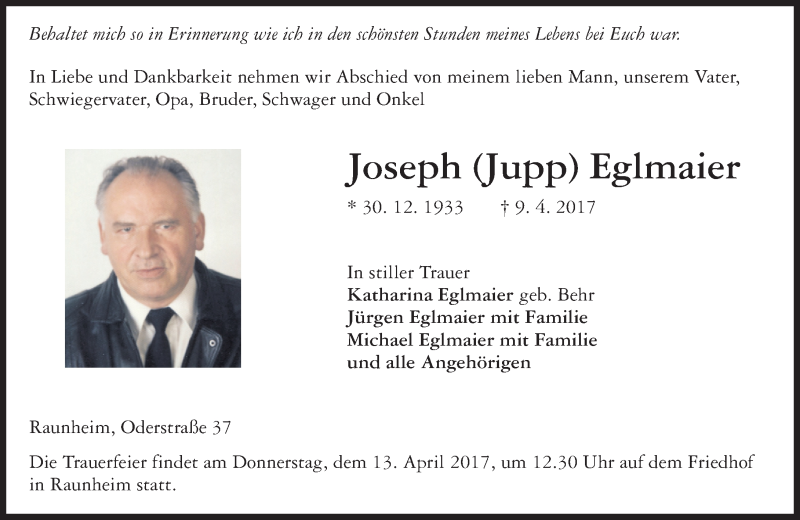 Traueranzeigen von Joseph Jupp Eglmaier | www.vrm-trauer.de