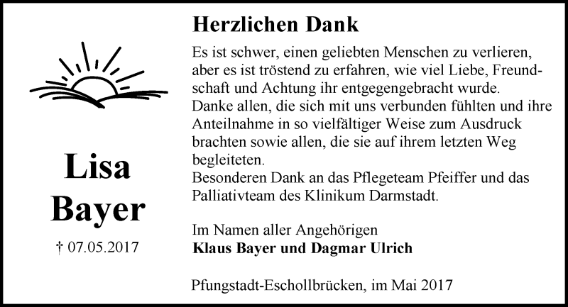 Traueranzeigen von Lisa Bayer | www.vrm-trauer.de