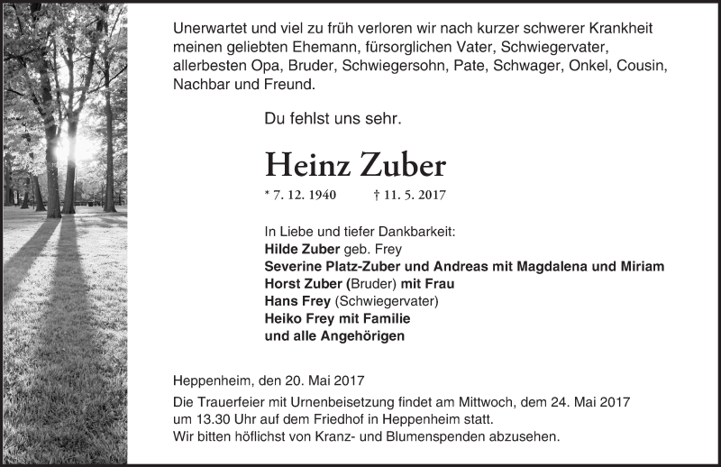 Traueranzeigen von Heinz Zuber | www.vrm-trauer.de
