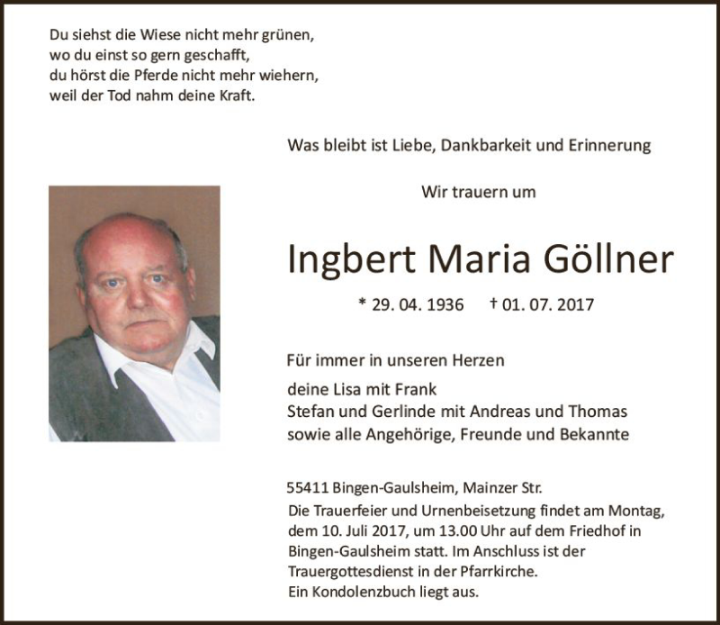 Traueranzeigen von Ingbert Maria Göllner | www.vrm-trauer.de