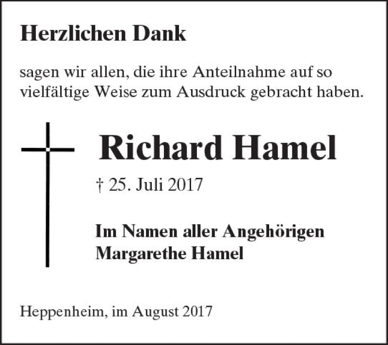 Traueranzeigen von Richard Hamel | www.vrm-trauer.de