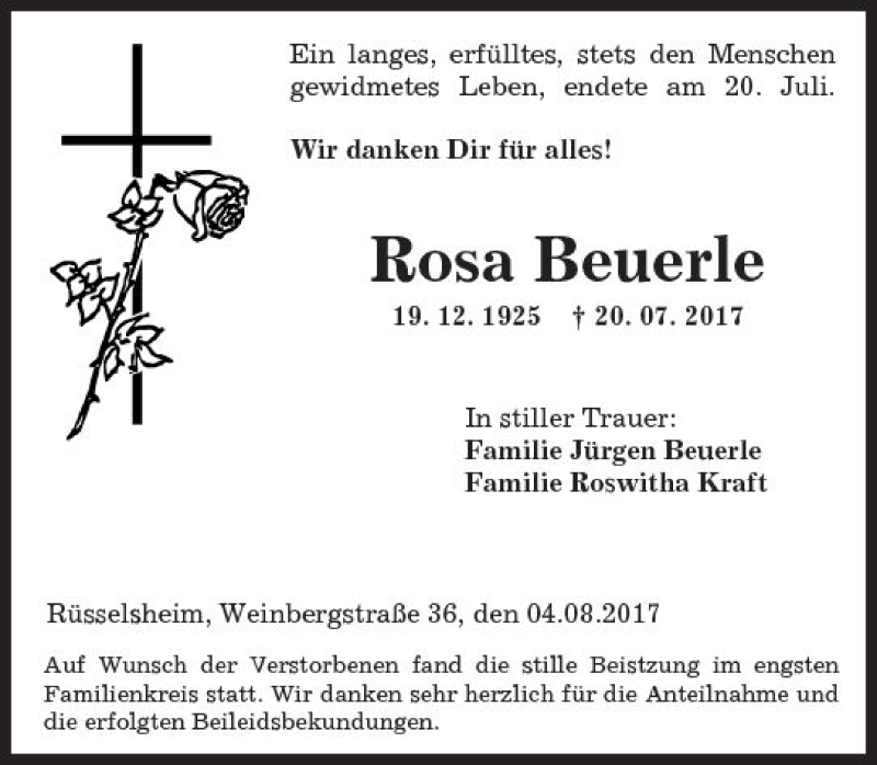 Traueranzeigen von Rosa Beuerle | www.vrm-trauer.de