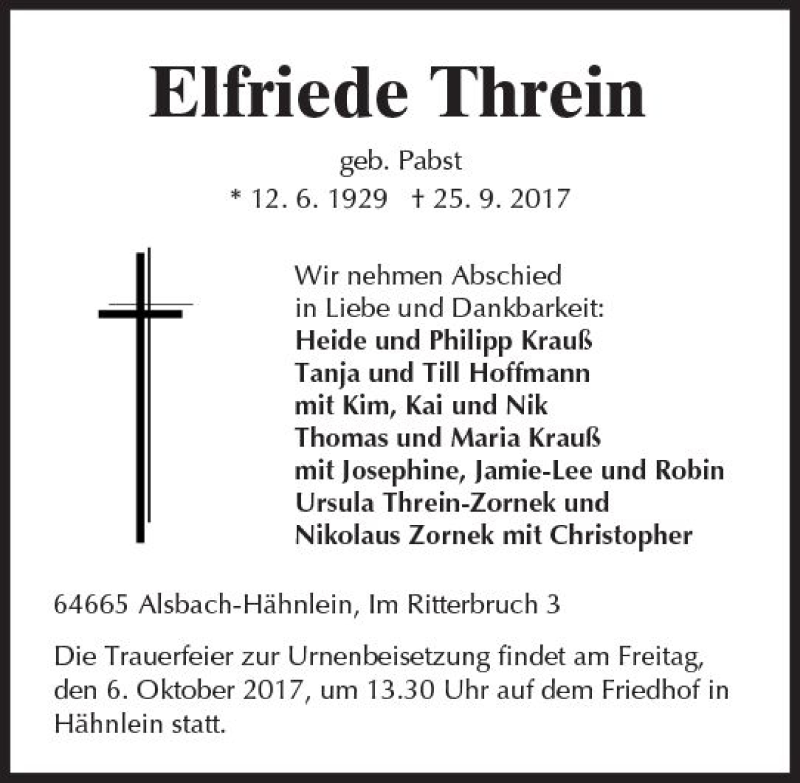Traueranzeigen von Elfriede Threin | www.vrm-trauer.de