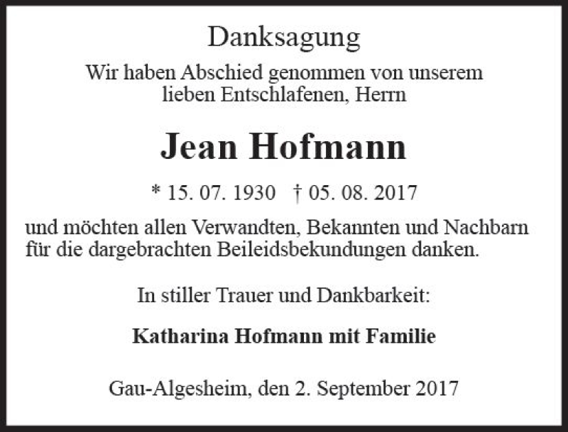 Traueranzeigen von Jean Hofmann | www.vrm-trauer.de