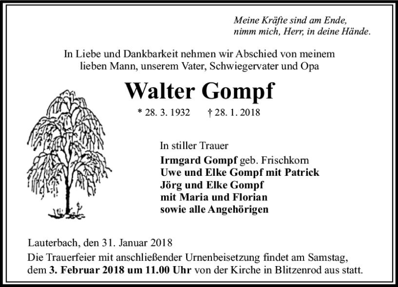 Traueranzeigen von Walter Gompf | www.vrm-trauer.de