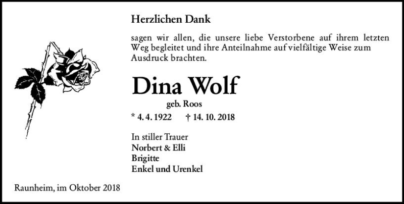Traueranzeigen von Dina Wolf | www.vrm-trauer.de