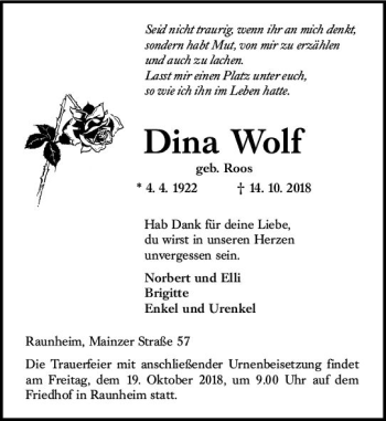 Traueranzeigen von Dina Wolf | www.vrm-trauer.de