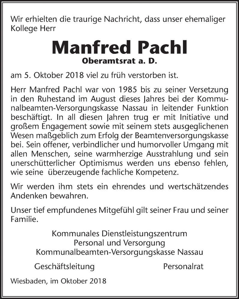 Traueranzeigen von Manfred Pachl | www.vrm-trauer.de