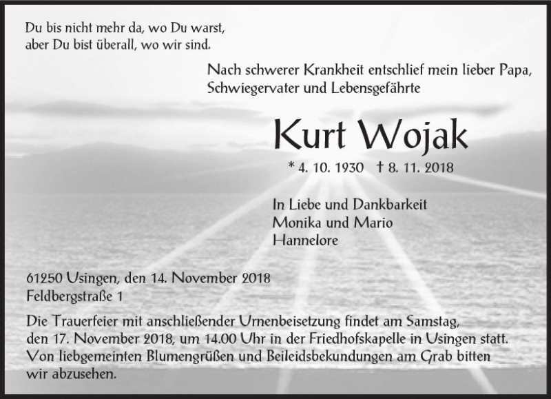 Traueranzeigen von Kurt Wojak | www.vrm-trauer.de