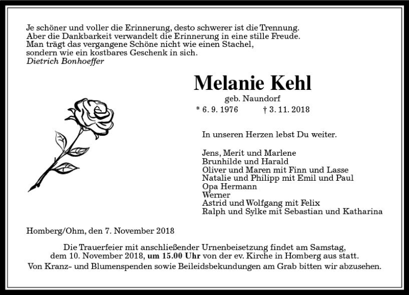 Traueranzeigen von Melanie Kehl | www.vrm-trauer.de