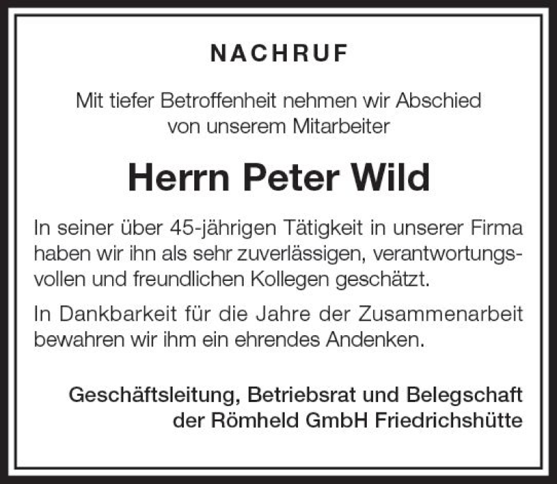 Traueranzeigen von Peter Wild | www.vrm-trauer.de