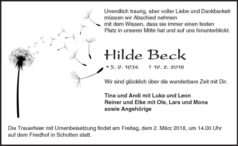 Traueranzeigen von Hilde Beck | www.vrm-trauer.de