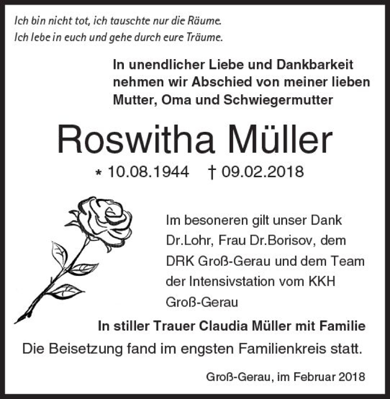 Traueranzeigen von Roswitha Müller | www.vrm-trauer.de