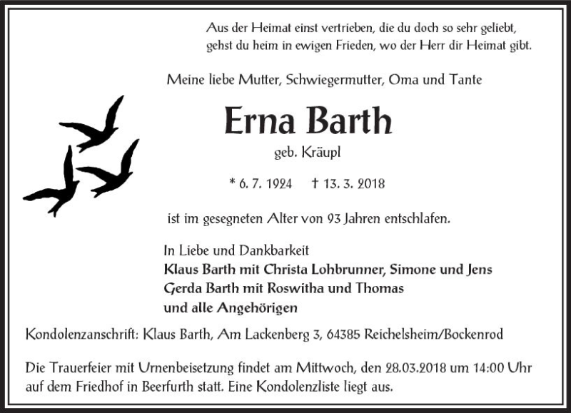 Traueranzeigen von Erna Barth | www.vrm-trauer.de