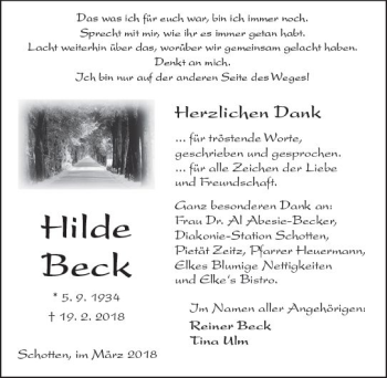 Traueranzeigen von Hilde Beck | www.vrm-trauer.de