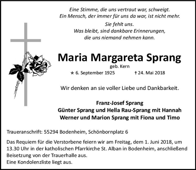 Traueranzeigen von Maria Margareta Sprang | www.vrm-trauer.de