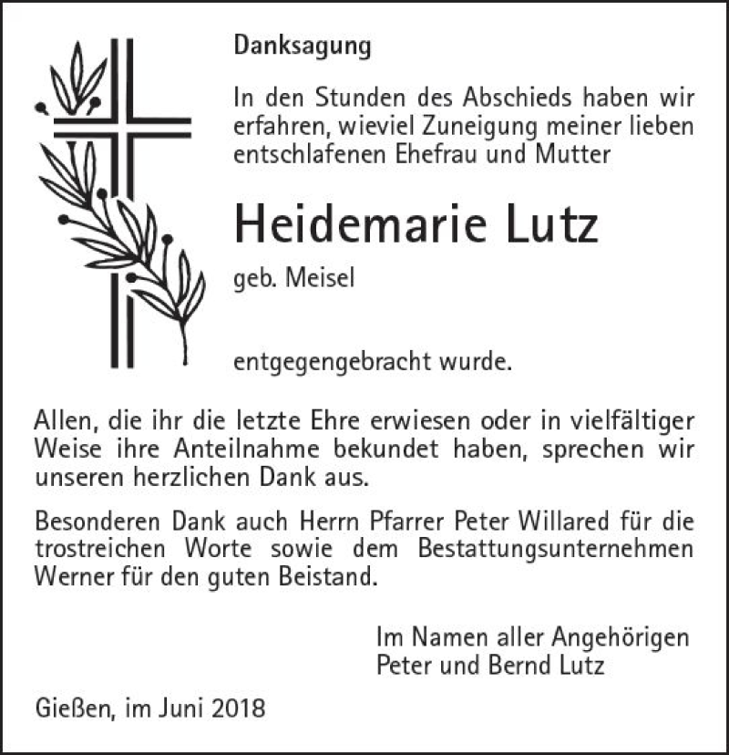 Traueranzeigen von Heidemarie Lutz | www.vrm-trauer.de