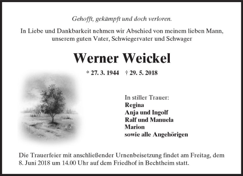 Traueranzeigen von Werner Weickel | www.vrm-trauer.de