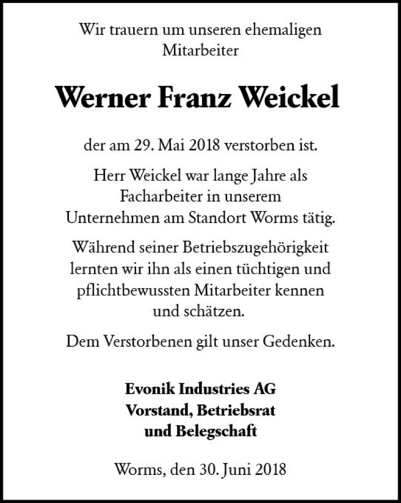 Traueranzeigen von Werner Franz Weickel | www.vrm-trauer.de