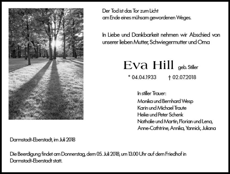 Traueranzeigen von Eva Hill | www.vrm-trauer.de