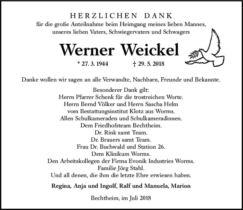 Traueranzeigen von Werner Weickel | www.vrm-trauer.de