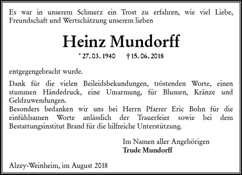 Traueranzeigen von Heinz Mundorff | www.vrm-trauer.de