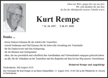 Traueranzeigen von Kurt Rempe | www.vrm-trauer.de