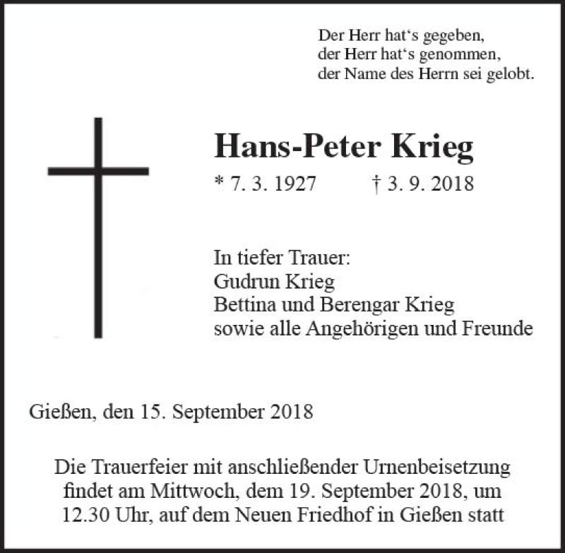 Traueranzeigen von Hans-Peter Krieg | www.vrm-trauer.de
