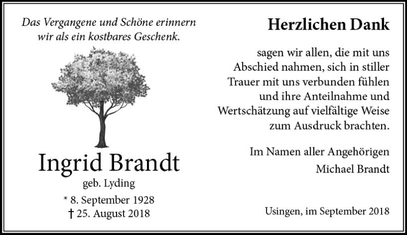 Traueranzeigen von Ingrid Brandt | www.vrm-trauer.de
