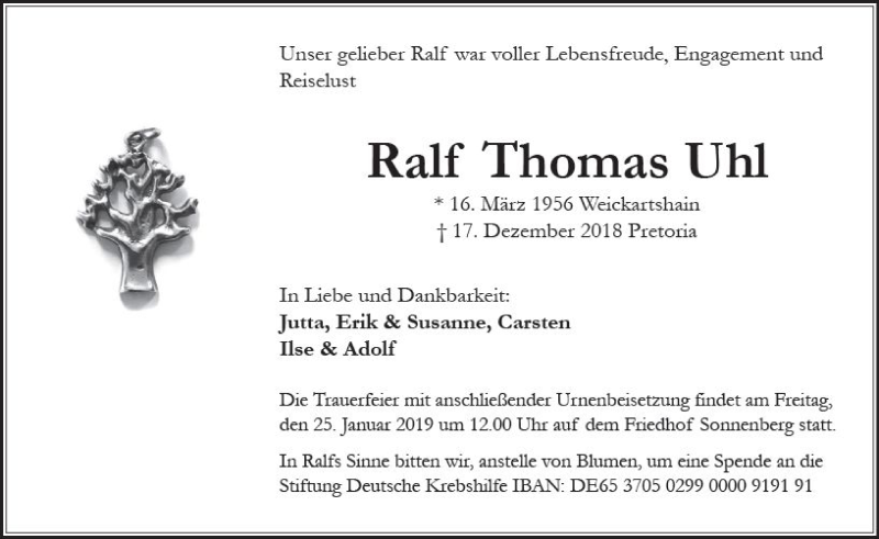Traueranzeigen von Ralf Thomas Uhl | www.vrm-trauer.de