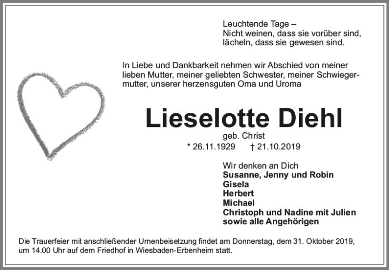 Traueranzeigen von Lieselotte Diehl | www.vrm-trauer.de