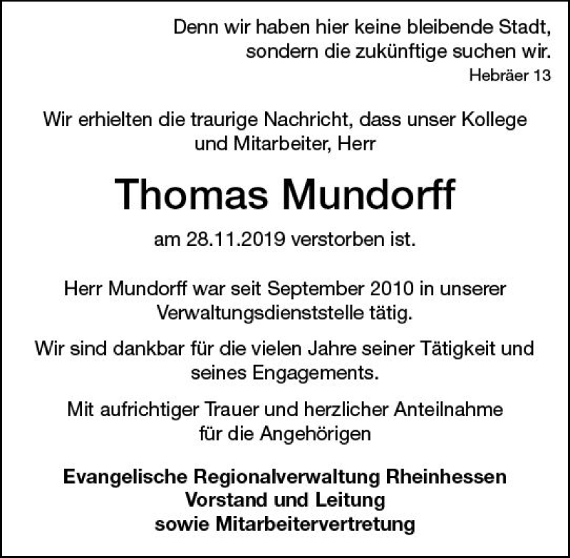 Traueranzeigen von Thomas Mundorff | www.vrm-trauer.de