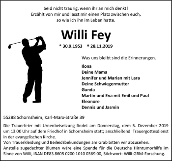 Traueranzeigen von Willi Fey | www.vrm-trauer.de