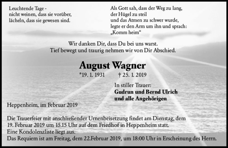 Traueranzeigen von August Wagner | www.vrm-trauer.de