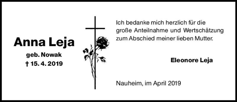 Traueranzeigen von Anna Leja | www.vrm-trauer.de
