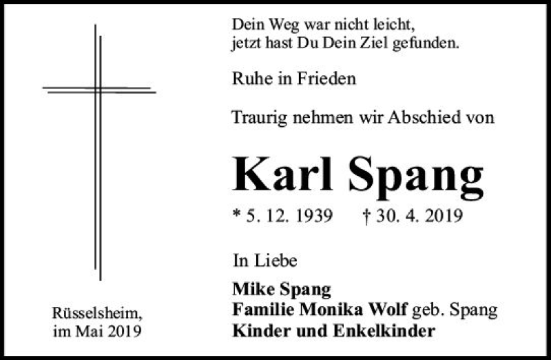 Traueranzeigen von Karl Spang | www.vrm-trauer.de