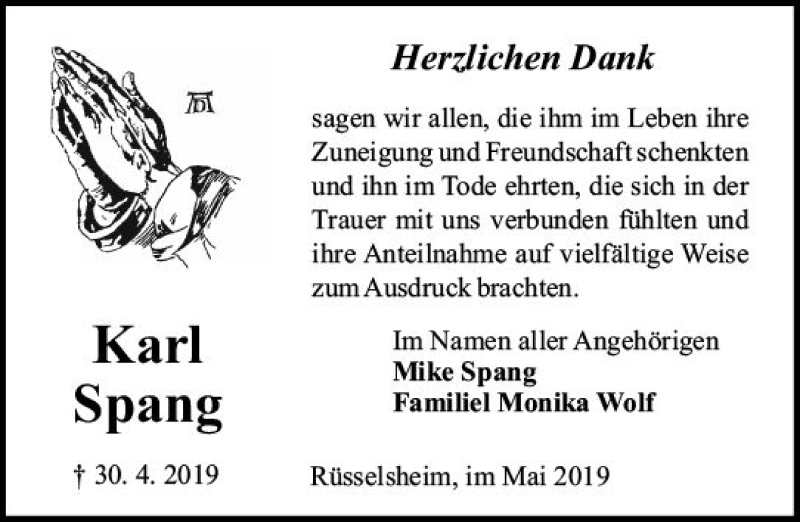 Traueranzeigen von Karl Spang | www.vrm-trauer.de
