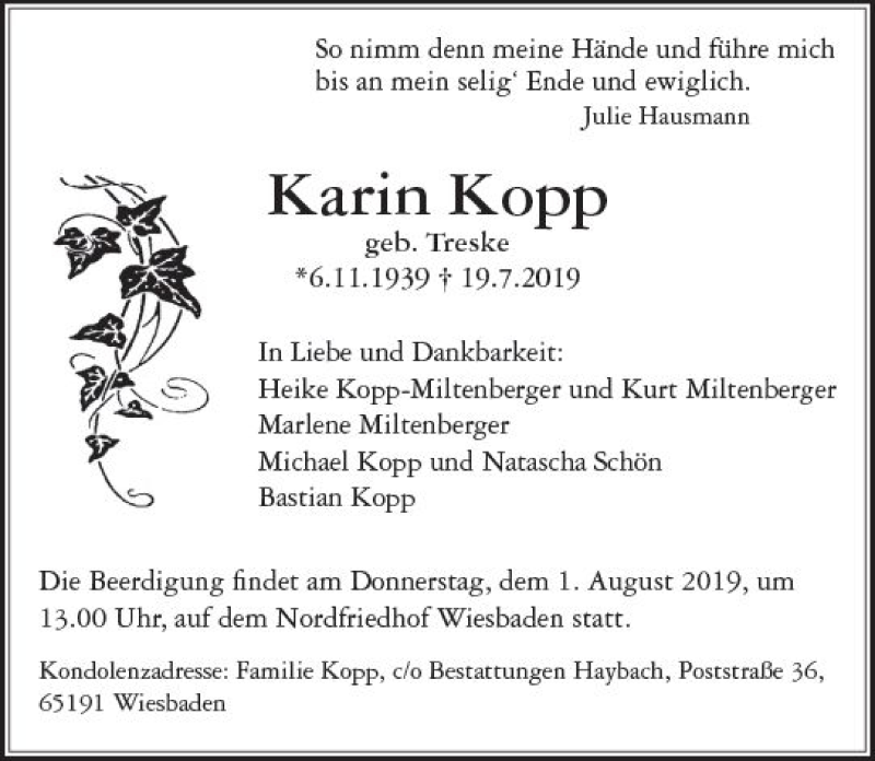 Traueranzeigen von Karin Kopp | www.vrm-trauer.de