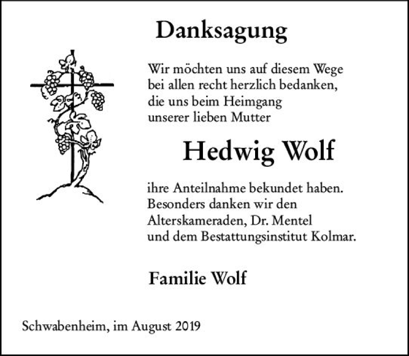 Traueranzeigen von Hedwig Wolf | www.vrm-trauer.de